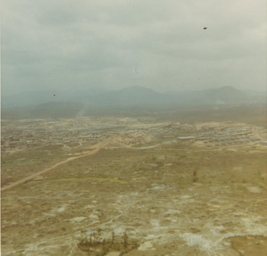 An aerial view of Camp Eagle from a helicopter